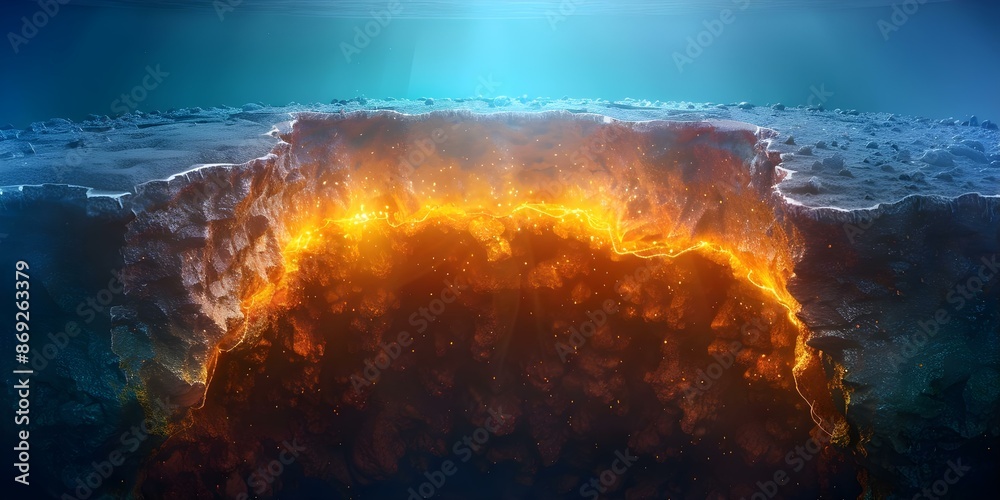 Crosssection of active volcano magma chamber showing mineral layers in ...
