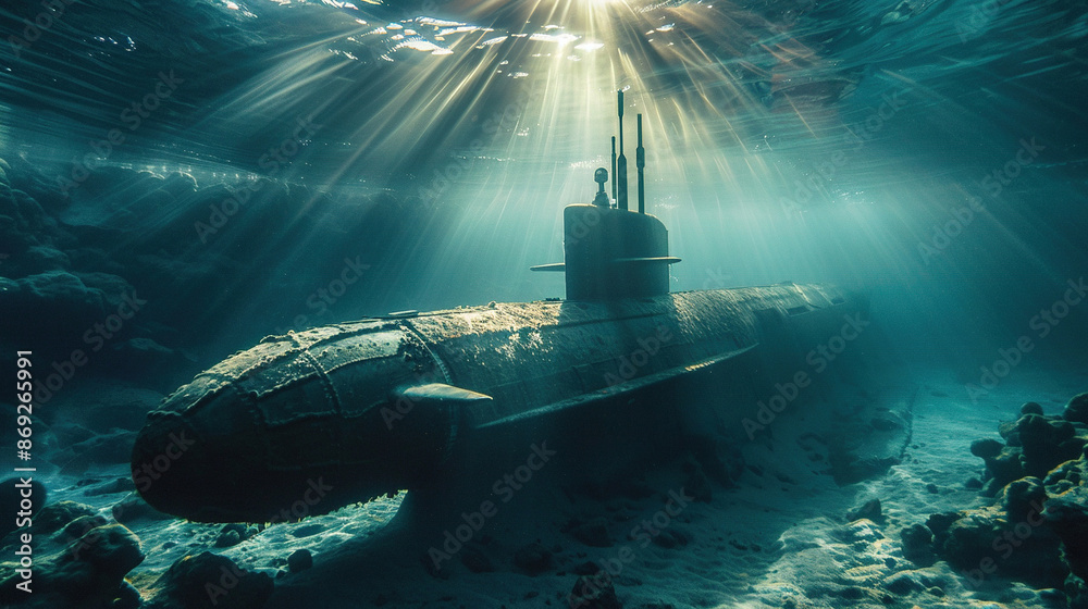 Military submarine diving underwater. Exotic submarine view underwater ...