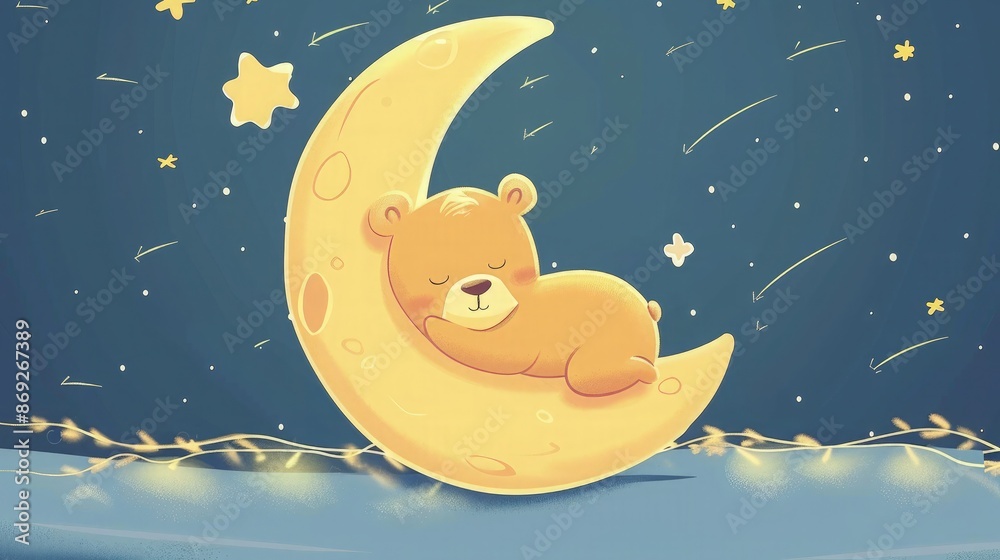 cute bear cartoon sleeping on moon and beautiful shooting stars, looped ...