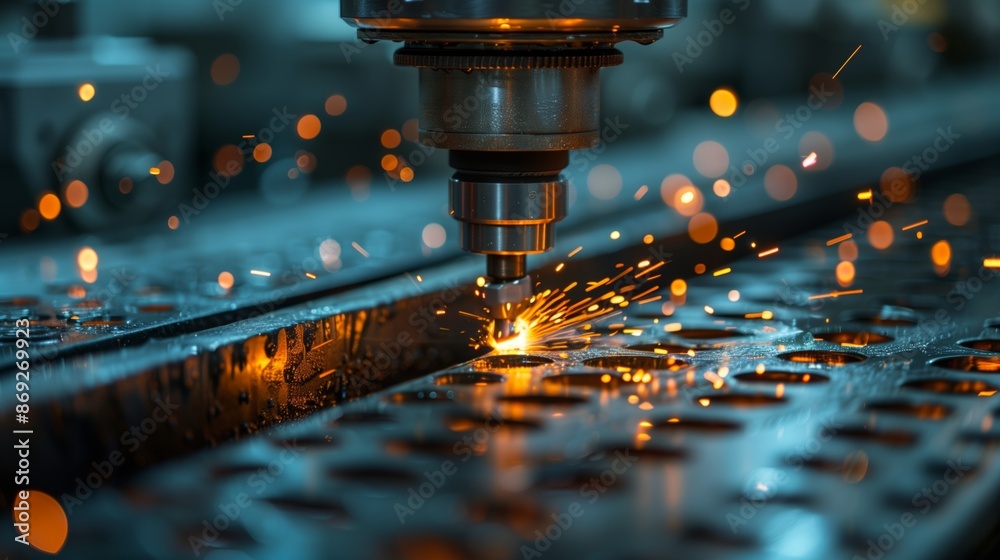 Industrial drilling machine with sparks flying. Close-up of an ...