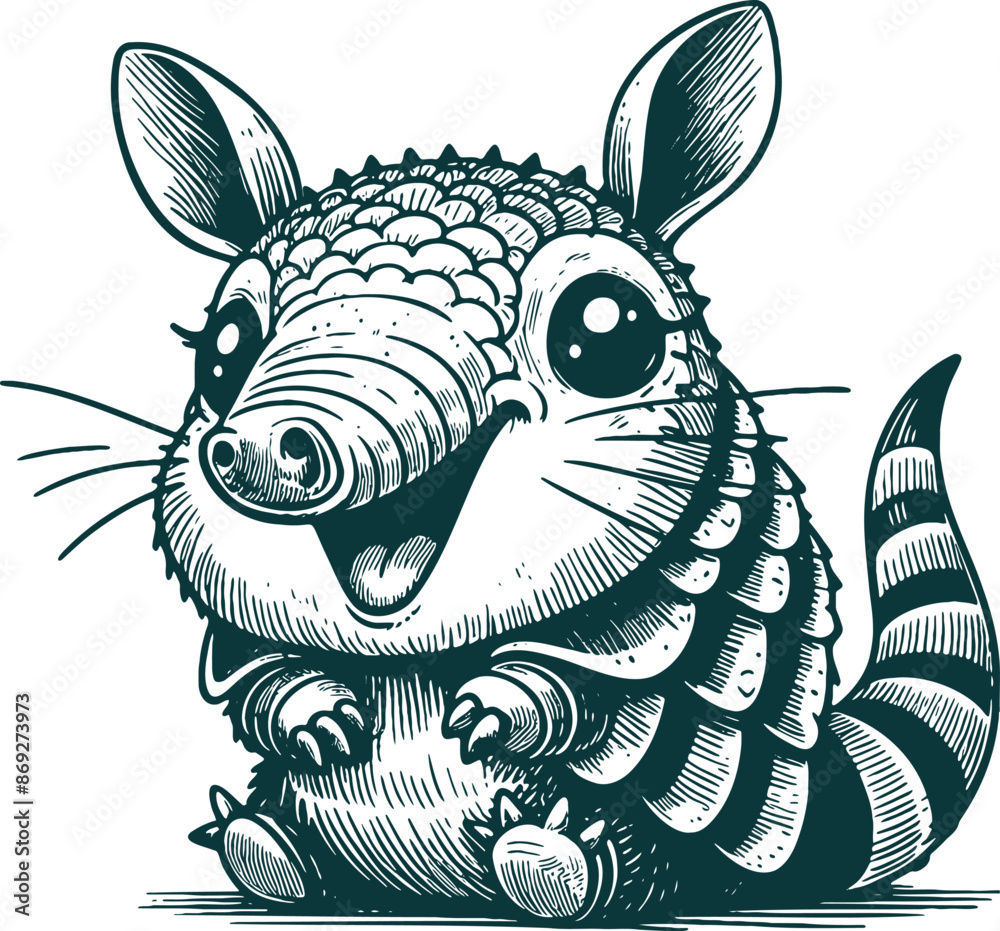 Detailed graphic drawing of a seated armadillo with a wide smile Stock ...
