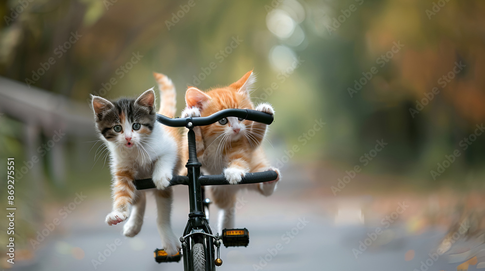 cats have fun bicycle ride on sunshine day in summer on town street ...