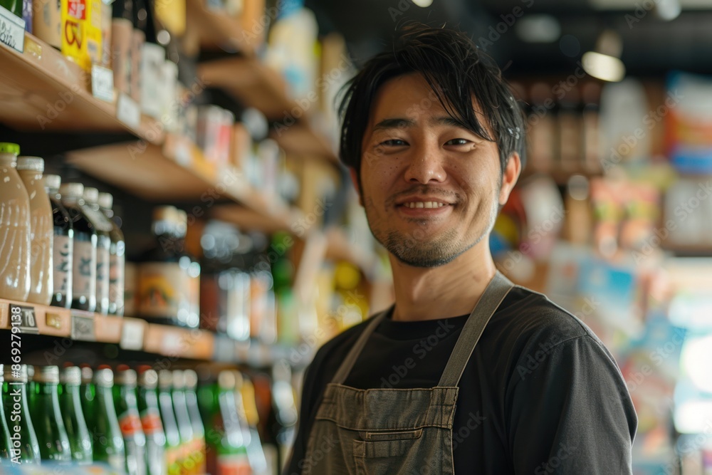 Portrait half-body of a Japanese small business owner organizing ...