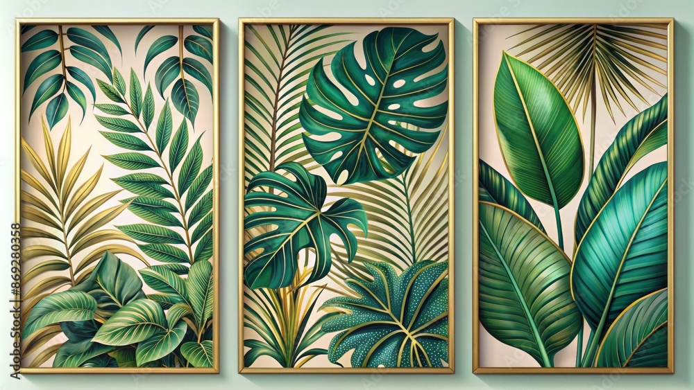 Exquisite tropical leaf botanical poster set featuring golden-lined ...