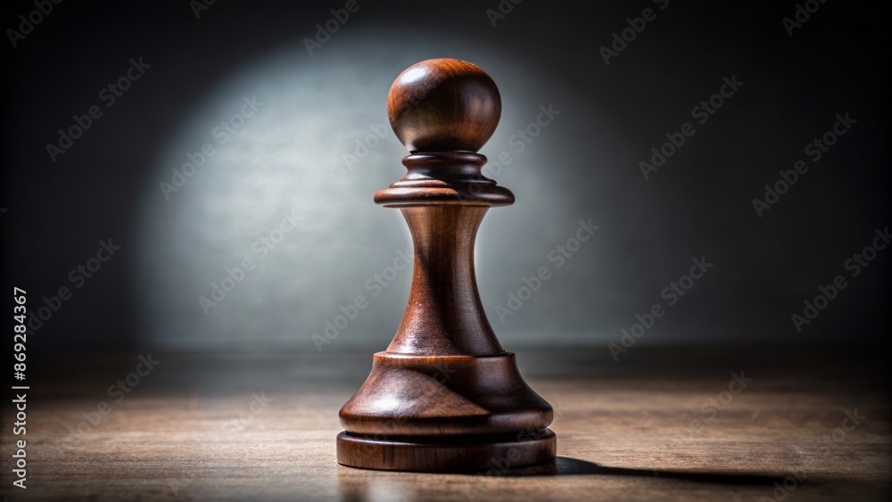 Isolated dark wooden chess pawn standing upright on a blurred, muted ...