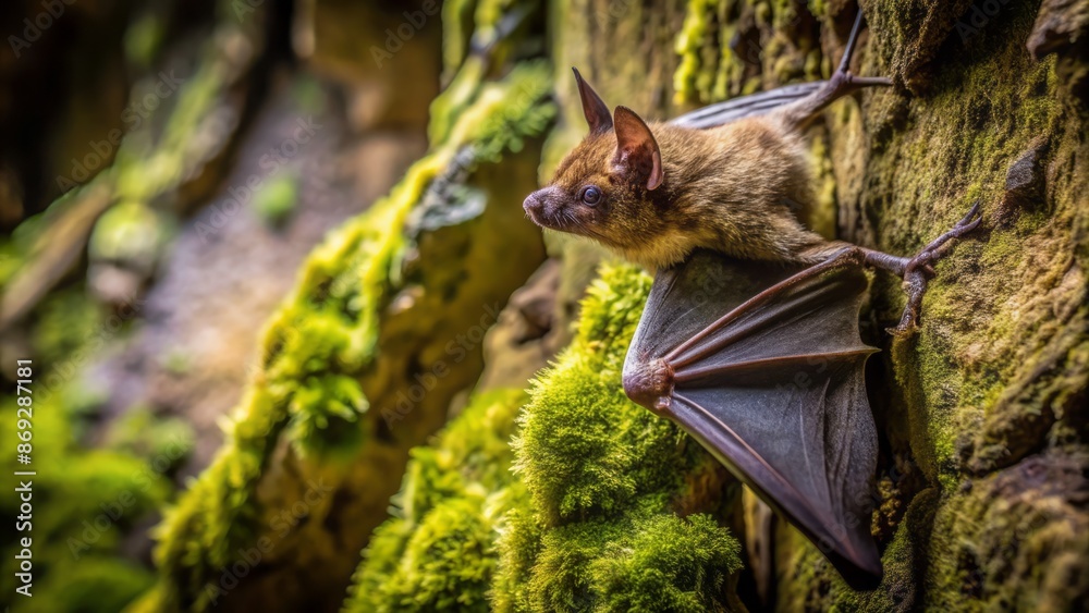 A solitary brown bat clinging to a dark, damp, moss-covered stone wall ...