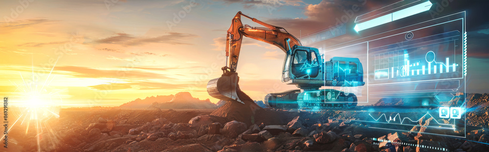 An excavator operates on a rocky terrain at sunset, with digital data ...