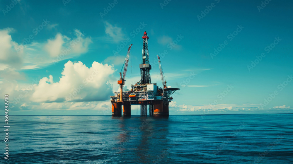 A large oil rig stands alone in the ocean, its drilling platform ...