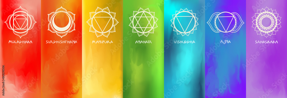 Vibrant rainbow-colored vector poster showing the seven chakra symbols ...