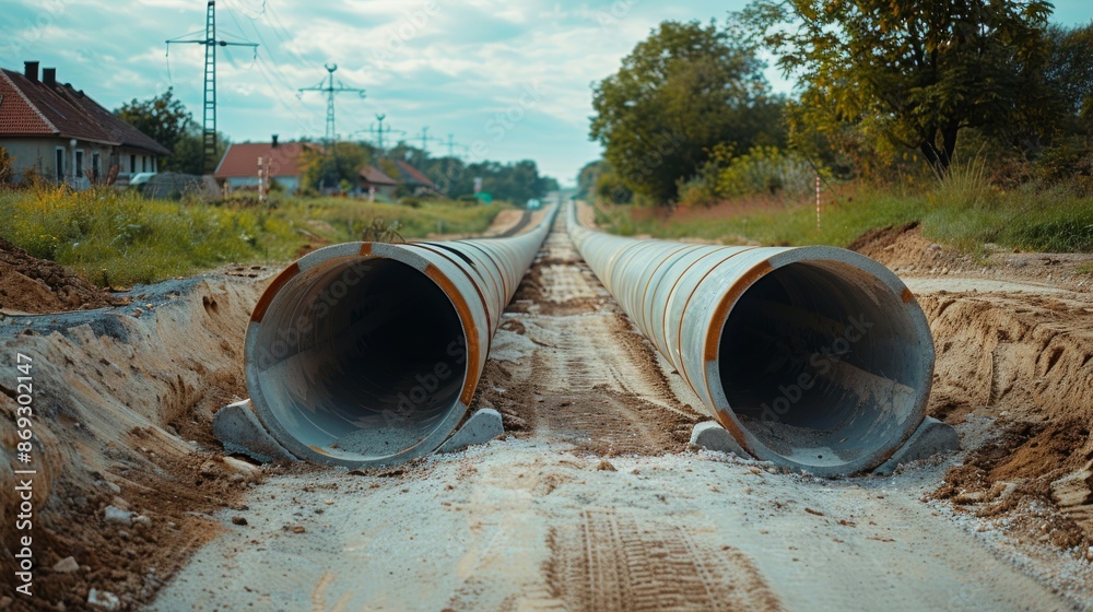 Installing concrete drainage pipes on road sides for urban water and ...