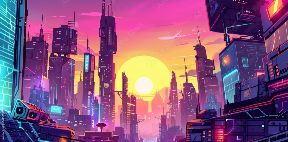 Retro futuristic cityscape made up of 80s sci-fi style buildings, retro ...