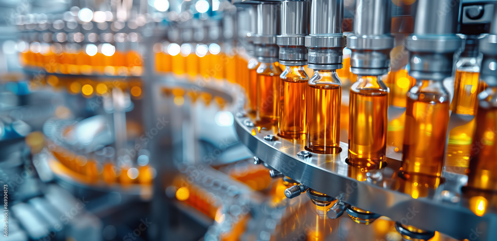 Close-up drug manufacturing process. Conveyor with medical ampoules ...