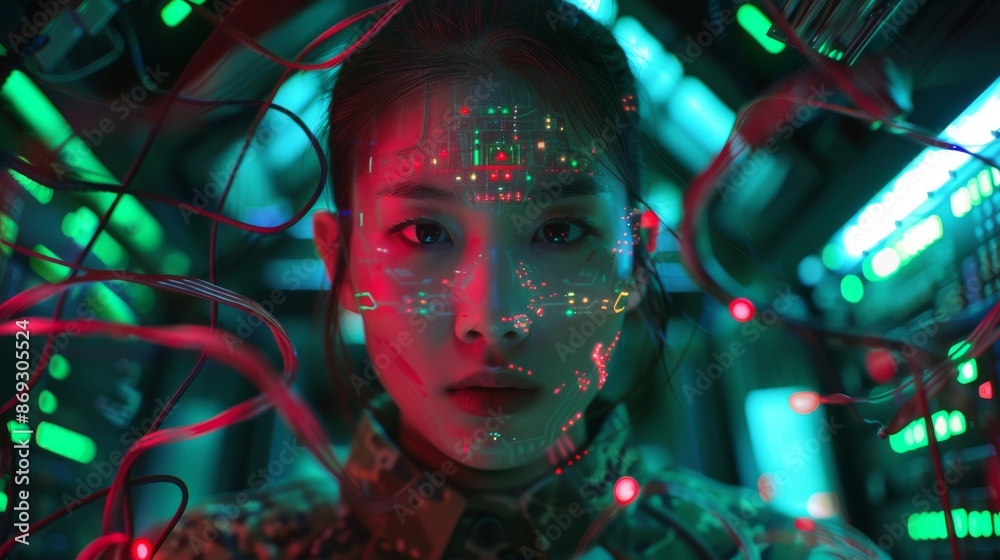Cyberpunk girl looks at computer screen. Wears futuristic one-eyed ...
