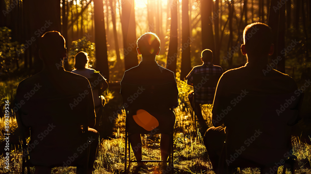 back view silhouette people sitting in chairs meditating in forest ...