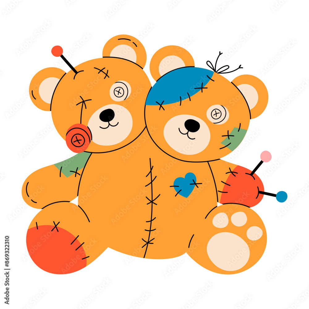Voodoo doll Teddy bear. Two headed bear with pin, stitches, patches ...