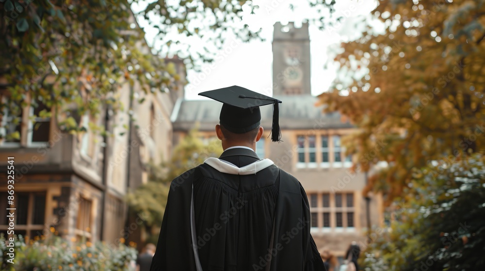 Graduate in cap and gown stands triumphantly. Love this classic ...
