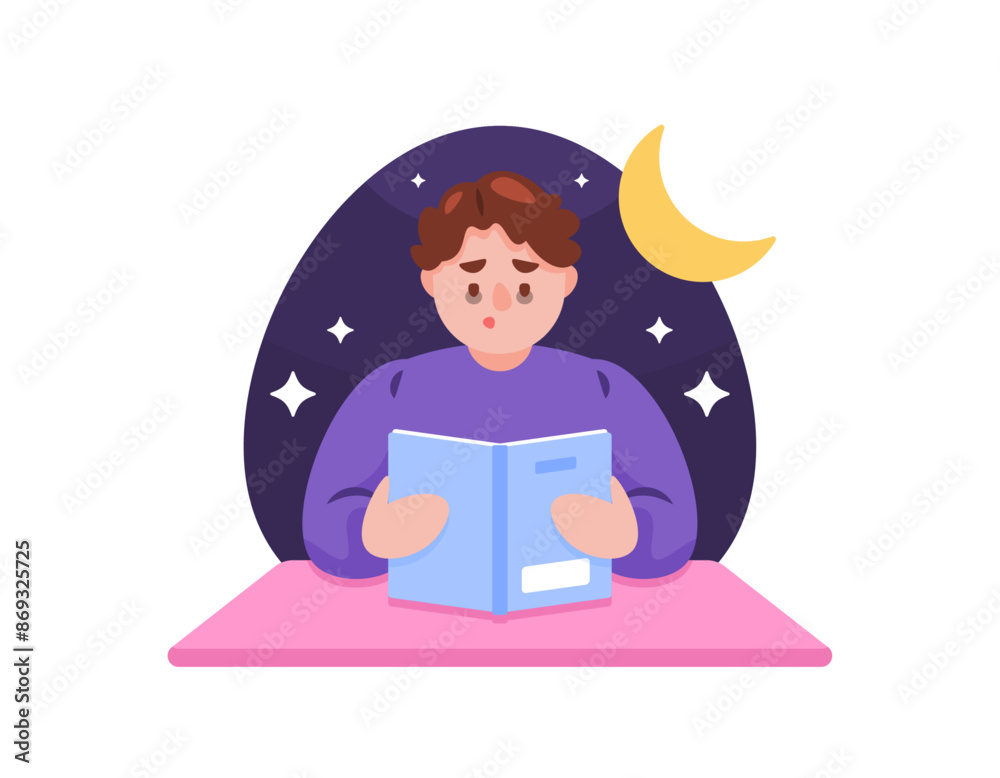 illustration of a man reading a book until midnight. The man looks ...