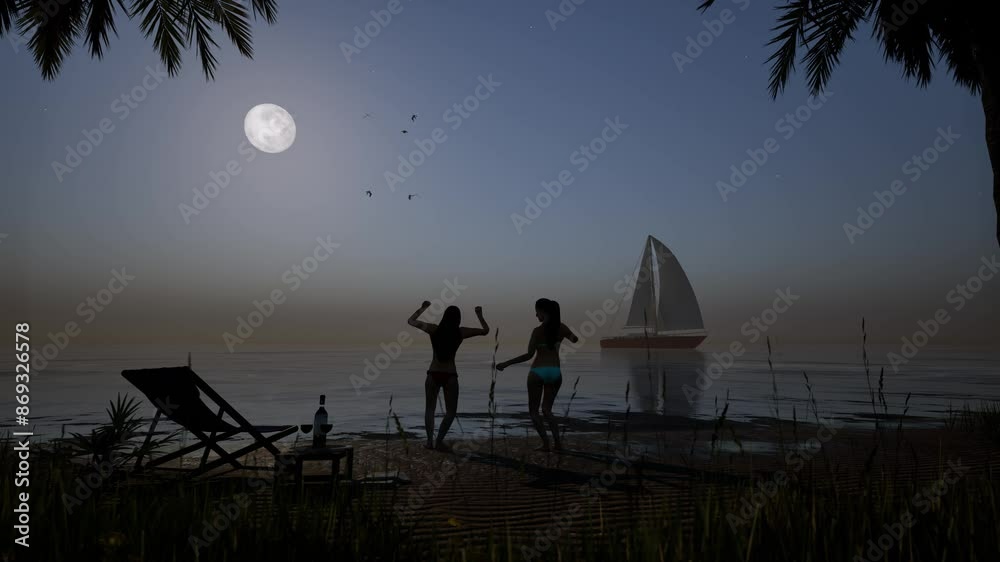 Summer time fun, women dancing wearing bikini on sand beach, with palm ...