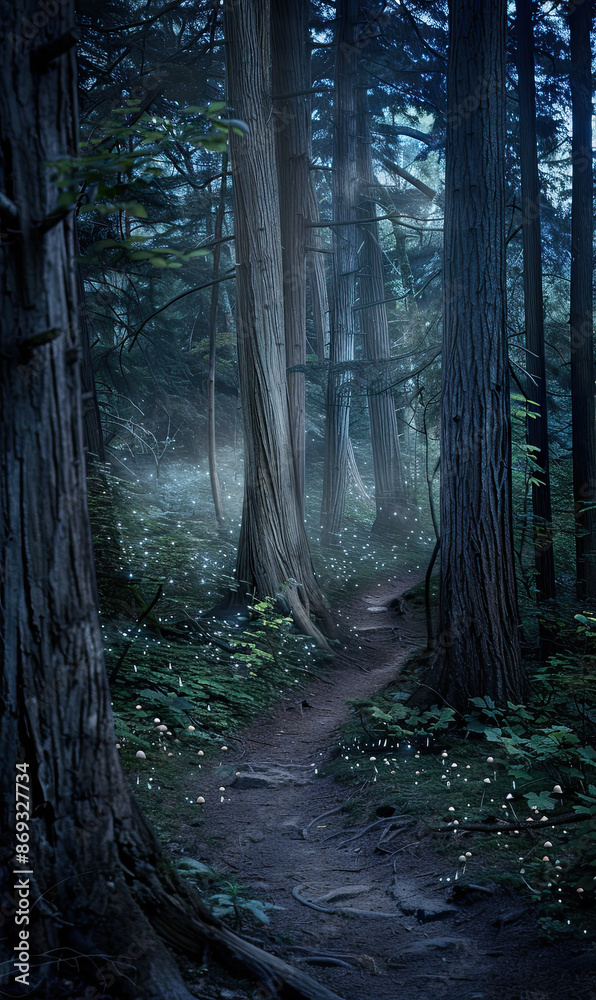 Tall ancient trees with bioluminescent fungi glowing softly, a clear ...