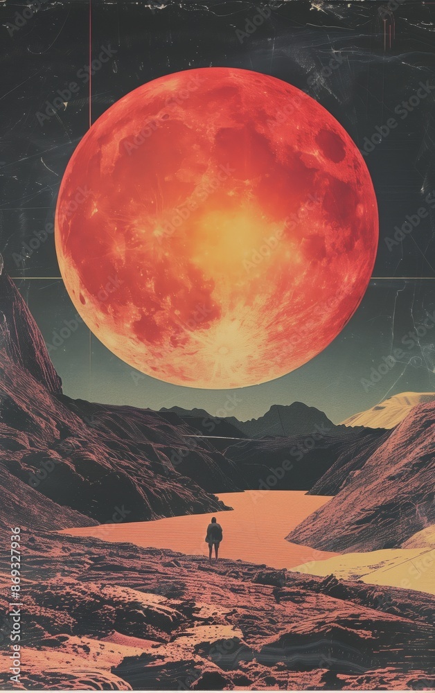 Person Under Enormous Red Moon in Alien Landscape A surreal scene ...