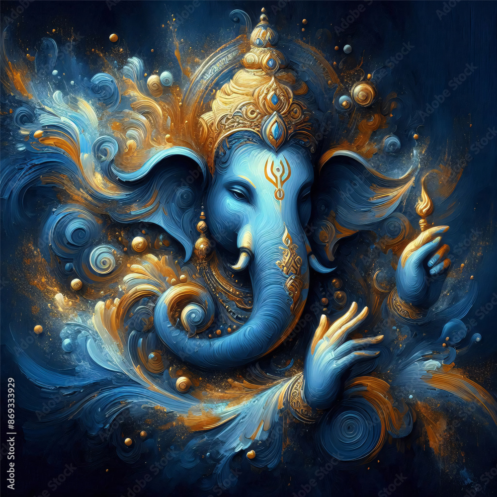 blue and golden oil paint brush stroke art of lord Ganesh on dark blue ...