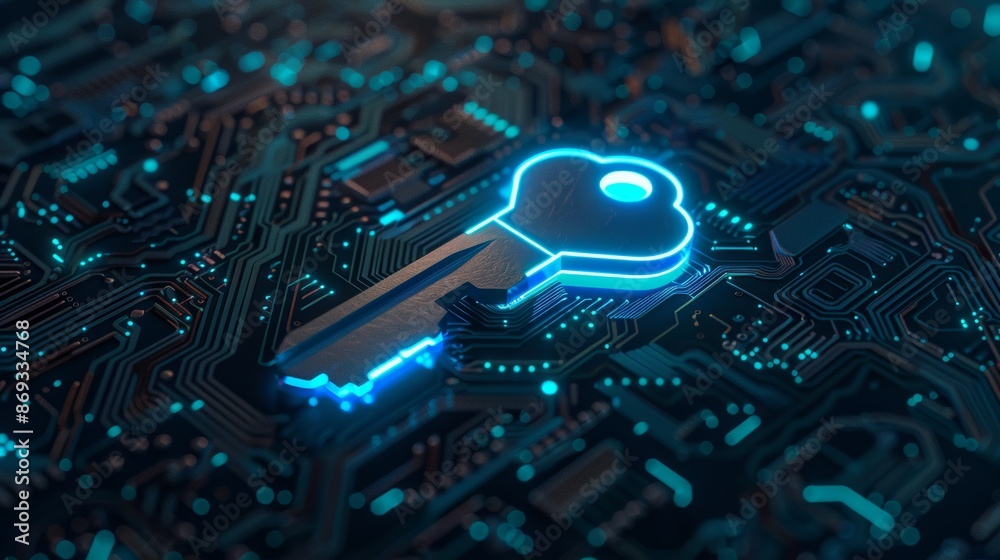 Digital key on a circuit board background symbolizing secure access ...