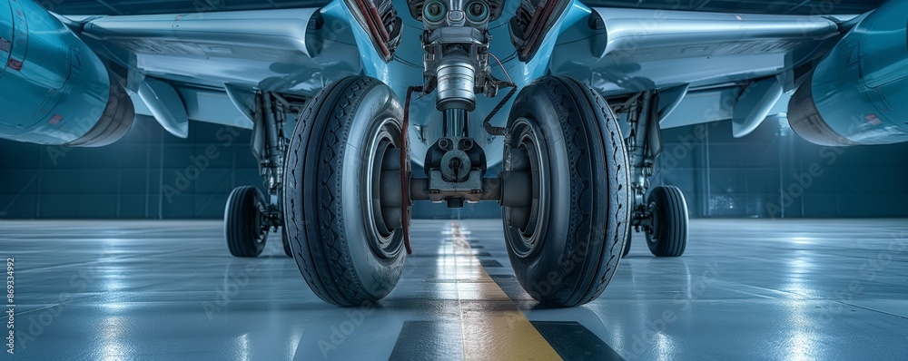 The image shows a close-up view of an aircraft's landing gears inside a ...