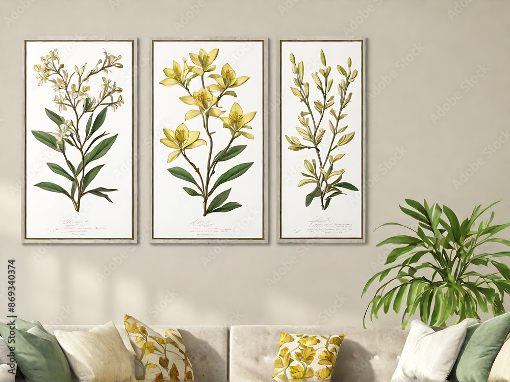 "3D Botanical Art, three-panel wall art of an azahar flower botanical ...