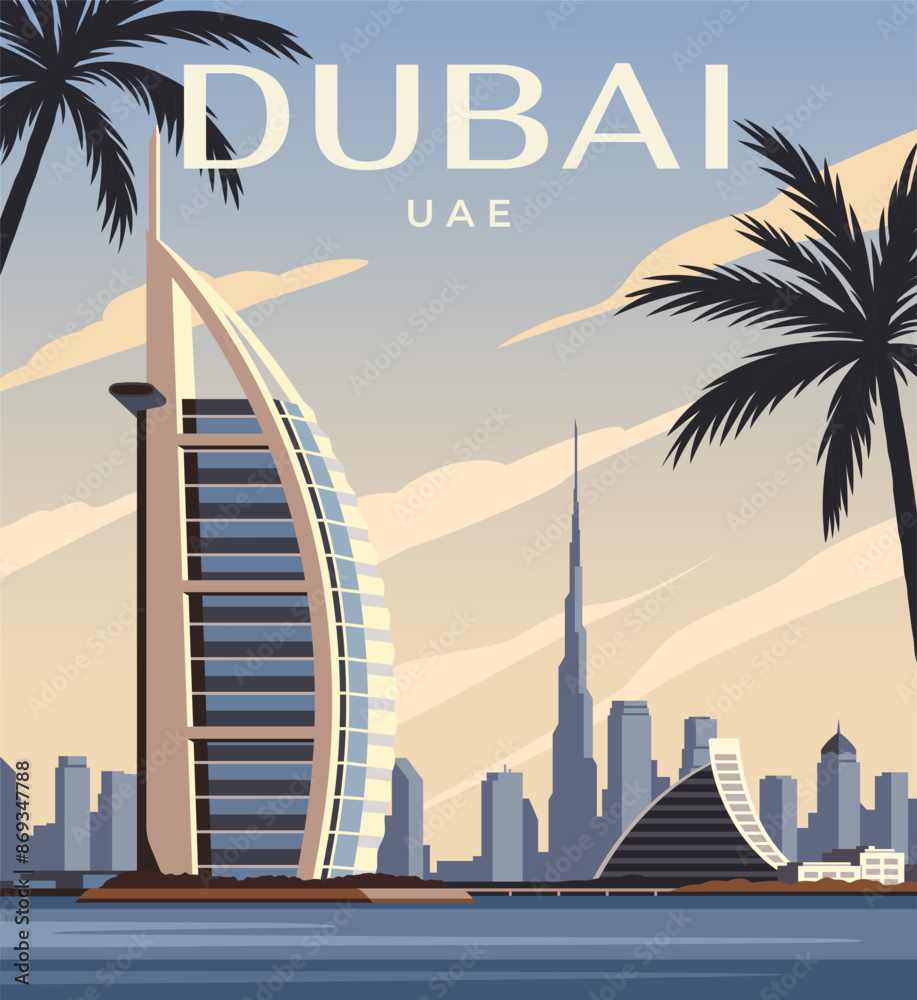 Dubai city skyline. Poster with landscape of modern city of Dubai ...