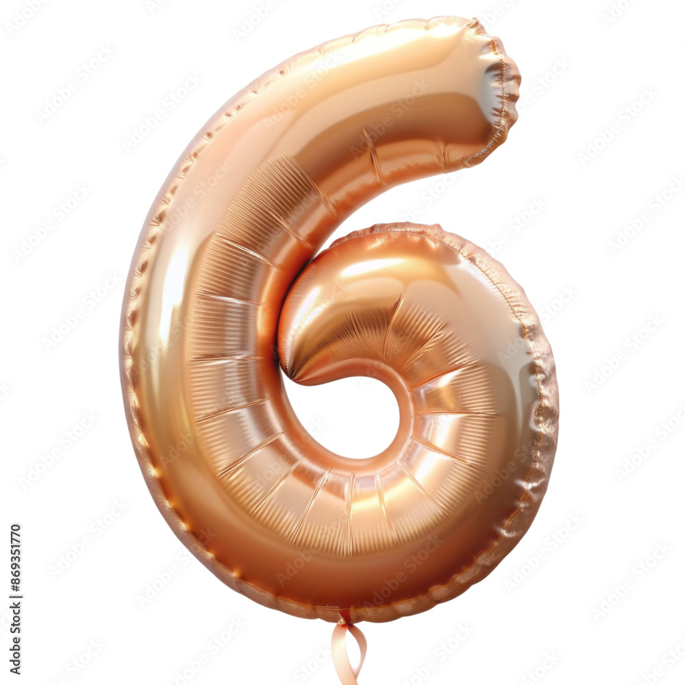 Foiled pink gold birthday balloons shaped like numbers 6, with ribbons ...