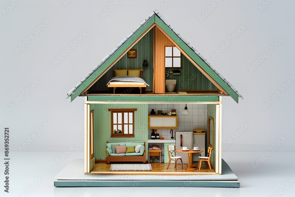 Miniature model of house in section with interior rooms, building ...