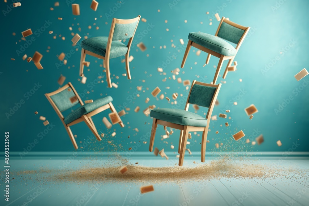 Four wooden chairs appearing to float in mid-air against a turquoise ...