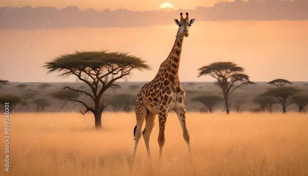 In savannas of Africa giraffe stands as a towering symbol of grace and ...