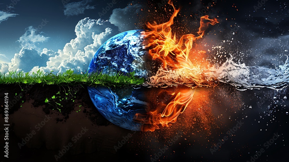 Split screen showing earth, water and fire in the same picture. Earth ...