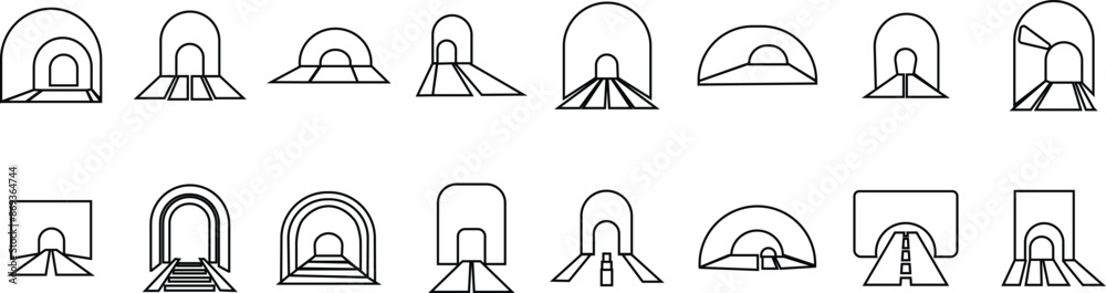 Tunnel signs multi series styles icons Set. Line vectors of railway ...