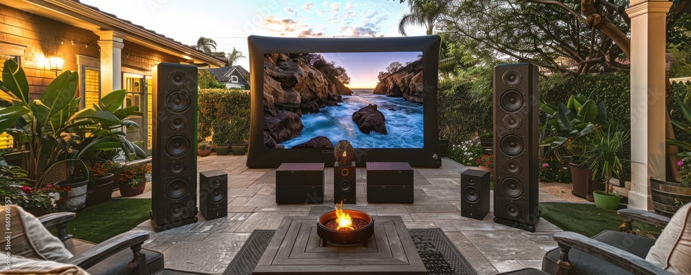 Outdoor home theater setup with a large screen, surround sound speakers ...