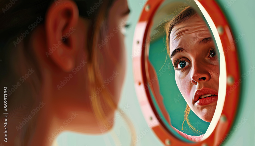 Eating disorders are a distorted mirror: Depict a person looking into a ...