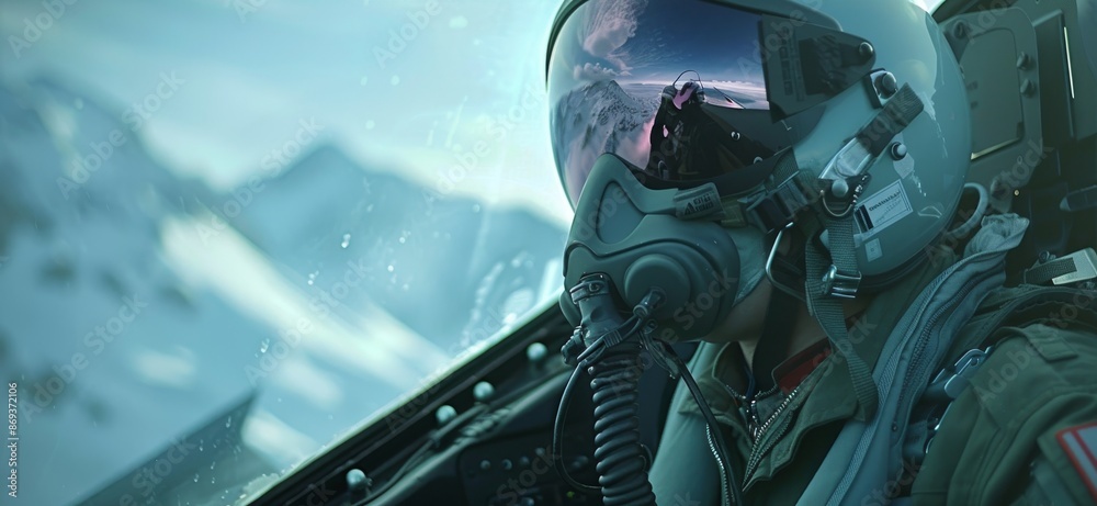 Close-up of a fighter jet pilot in the cockpit, which is the place of ...