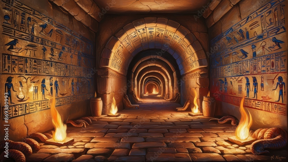 Ancient Egyptian Corridor with Hieroglyphs and Torches - A long and ...