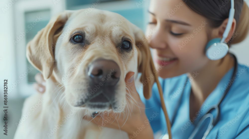 Vet using otoscope on dog's ear, modern clinic, 8k, photo-realistic ...