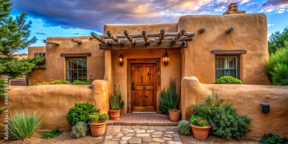 Adobe House with Wooden Door and Lush Greenery - A rustic adobe house ...