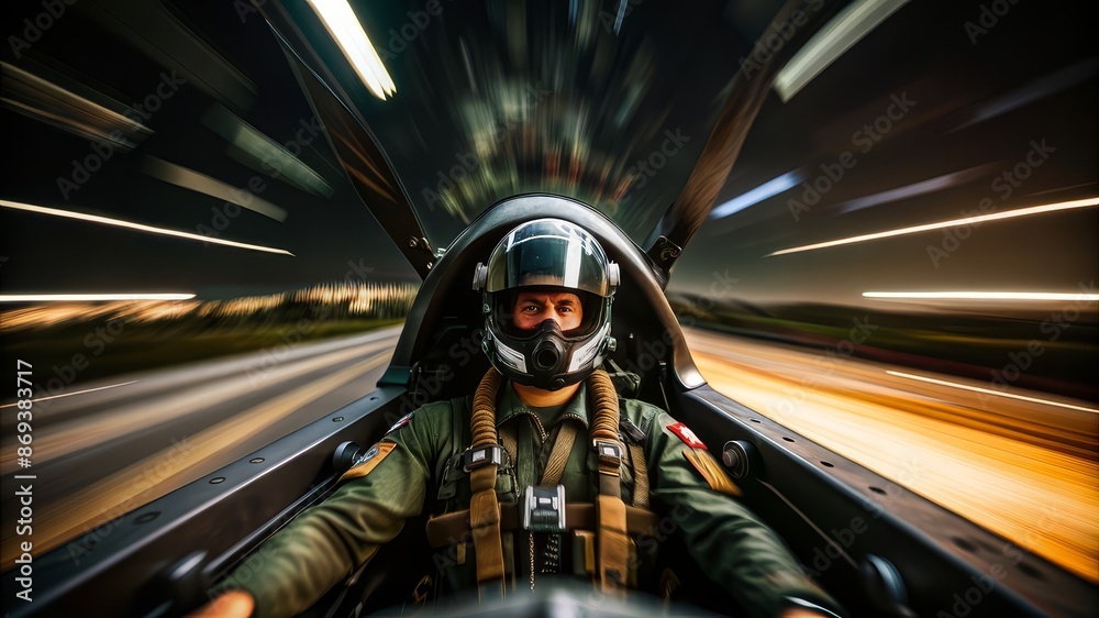 Pilot in a Jet Fighter Cockpit at Night - A pilot in full gear stares ...