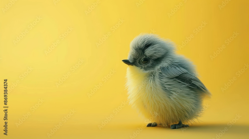Highdefinition render of a small baby bird sitting on a solid yellow ...