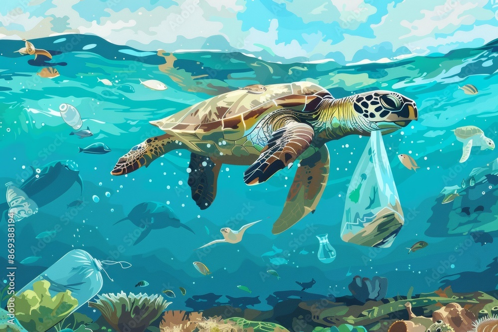 plastic pollution on marine fauna, sea turtle choking on plastic bags ...