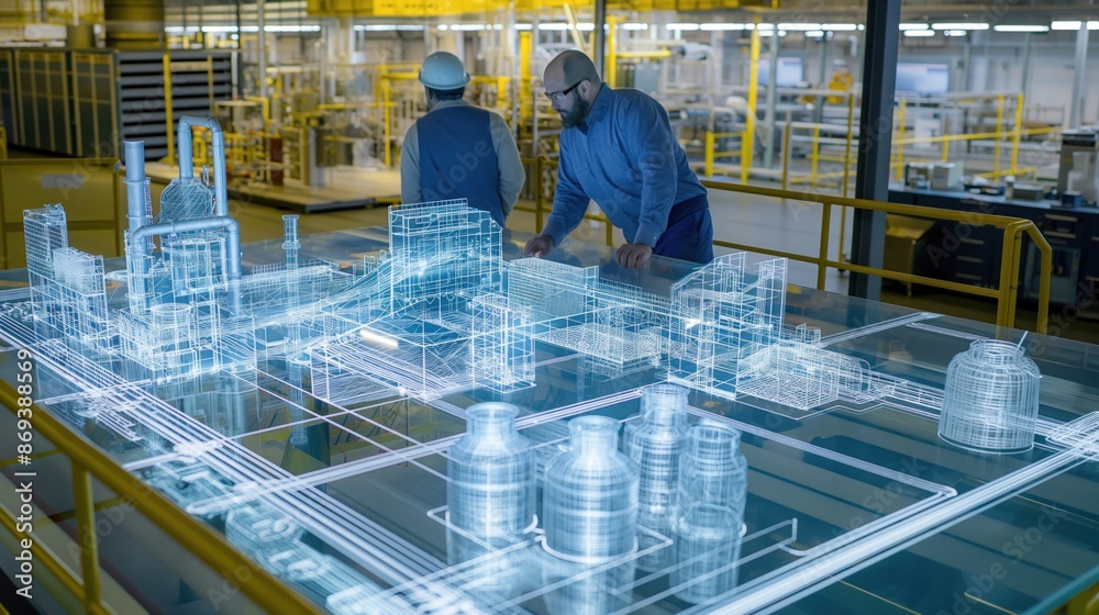 Engineers collaborating over a digital twin model of a manufacturing ...