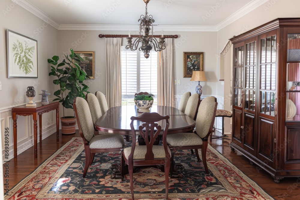 Comedor decorado con un juego de mesa y sillas elegantes, resaltando el ...