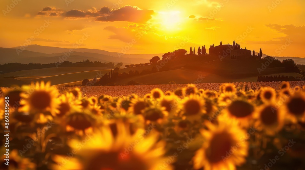 panoramic tuscan landscape at golden hour rolling hills with sunflower ...