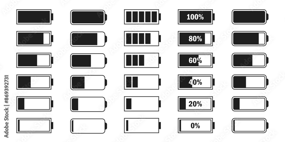 Level battery energy icon set. Powerfully full and power low up status ...