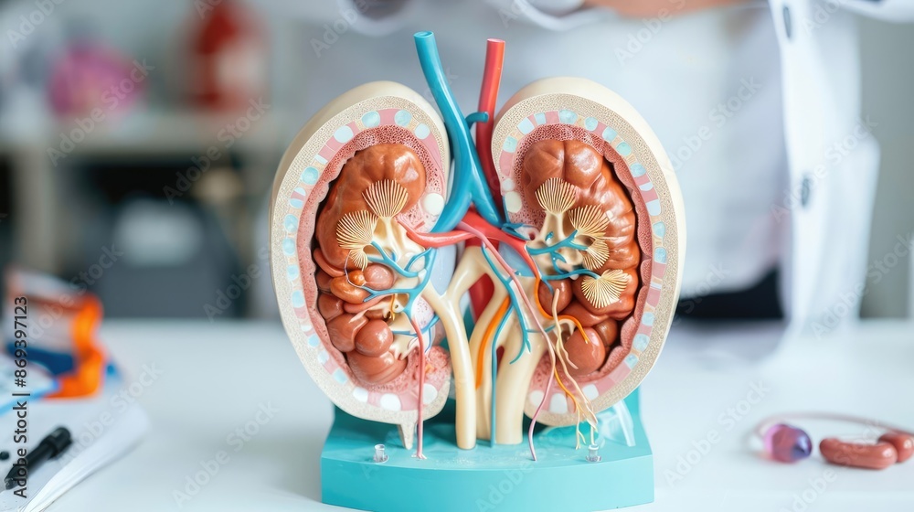 Cross-section of the kidneys showing filtration zones and nephrons ...