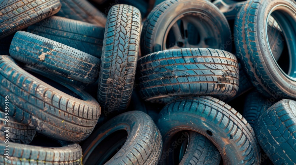 Landfill with old tires and tyres for recycling, Reuse of waste rubber ...